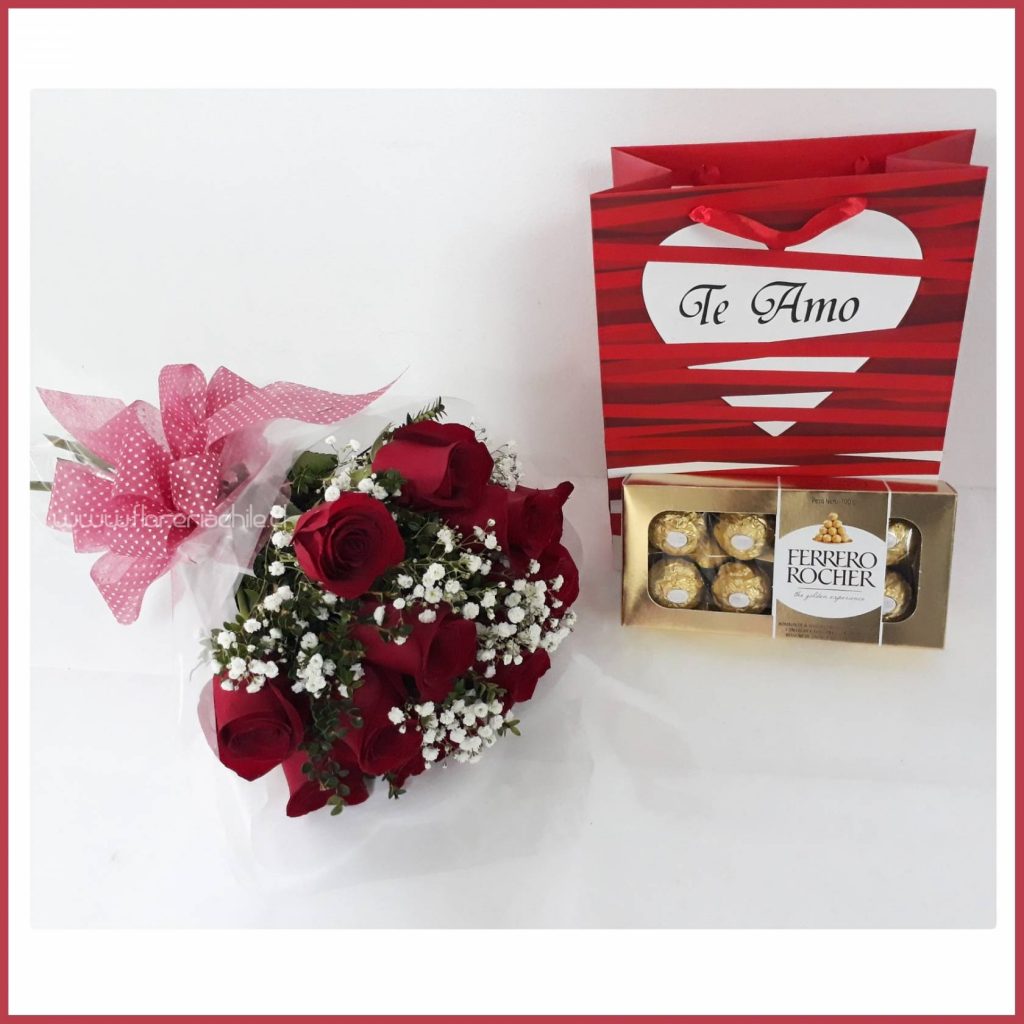 Bouquet de 12 rosas importadas + bombones ferrero - Florería Chile